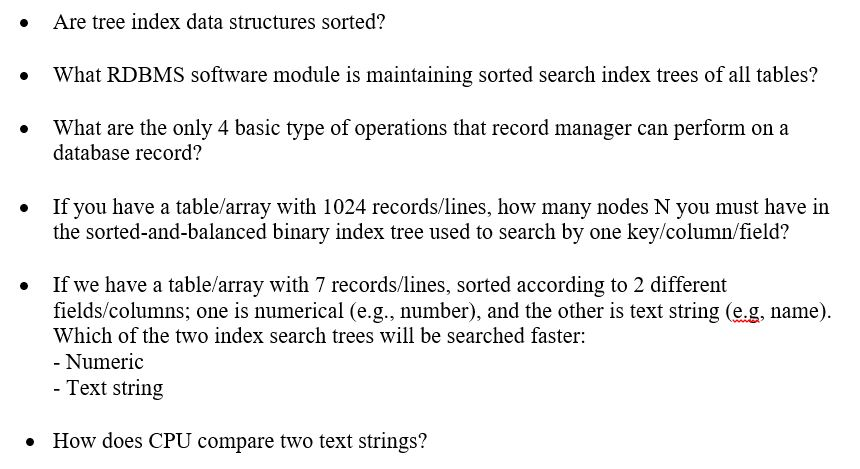 Are tree index data structures sorted? What RDBMS | Chegg.com