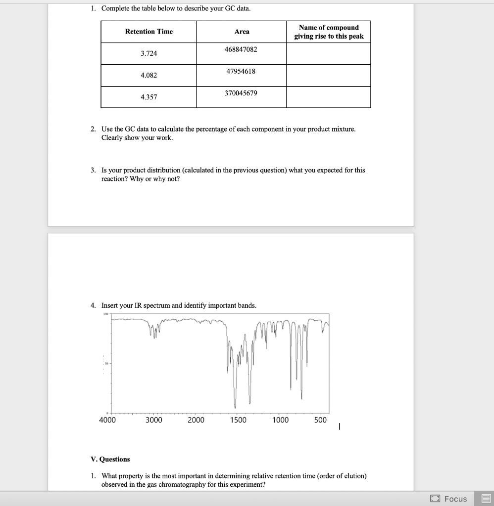 Solved 1. Complete the table below to describe your GC data. | Chegg.com