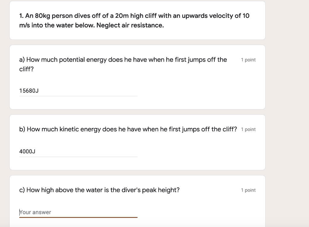 Solved 1. An 80kg person dives off of a 20m high cliff with | Chegg.com