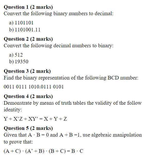 Solved Question 1 2 Marks Convert The Following Binary 