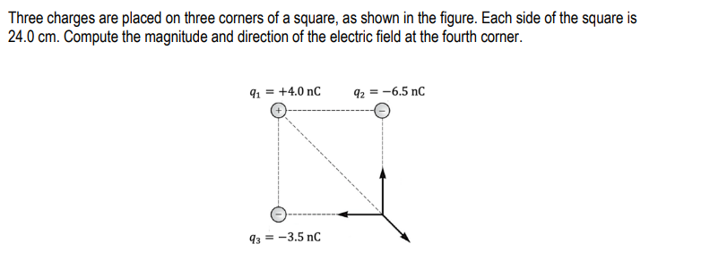 Solved Three charges are placed on three corners of a | Chegg.com