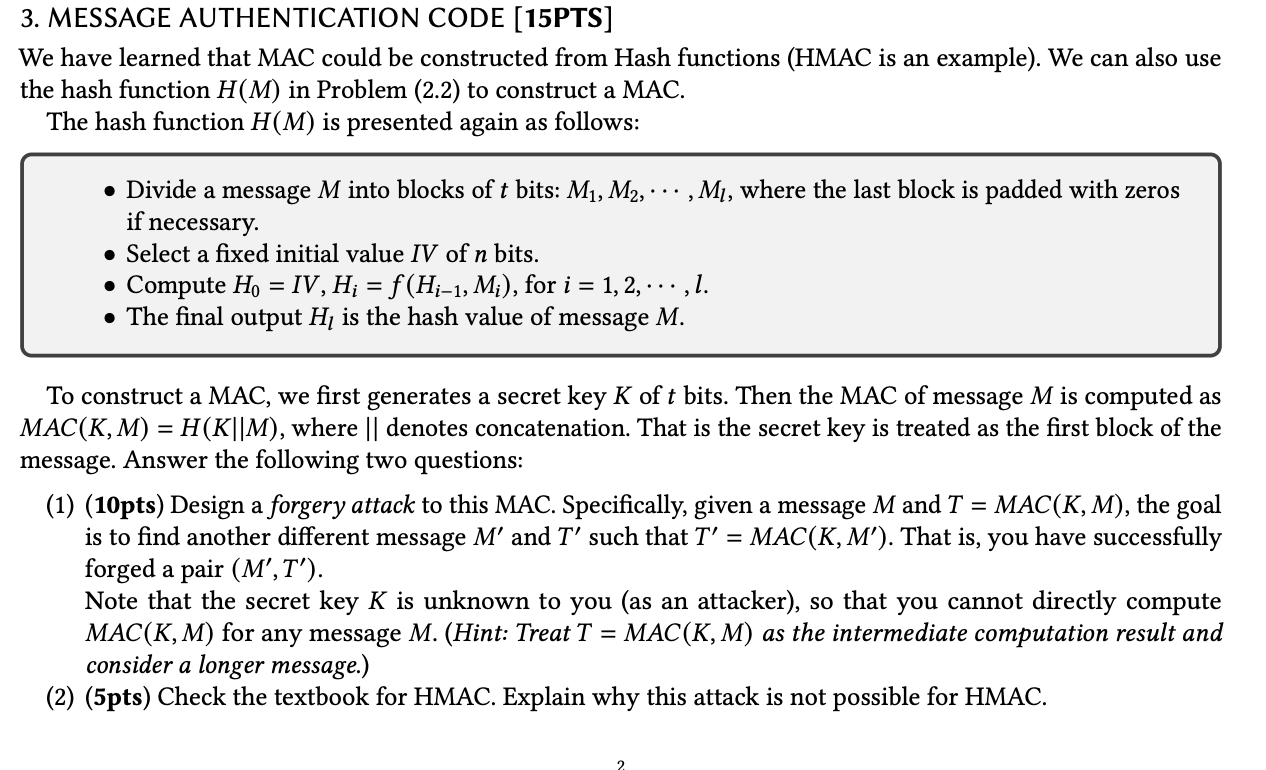 3. MESSAGE AUTHENTICATION CODE [15PTS] We have | Chegg.com