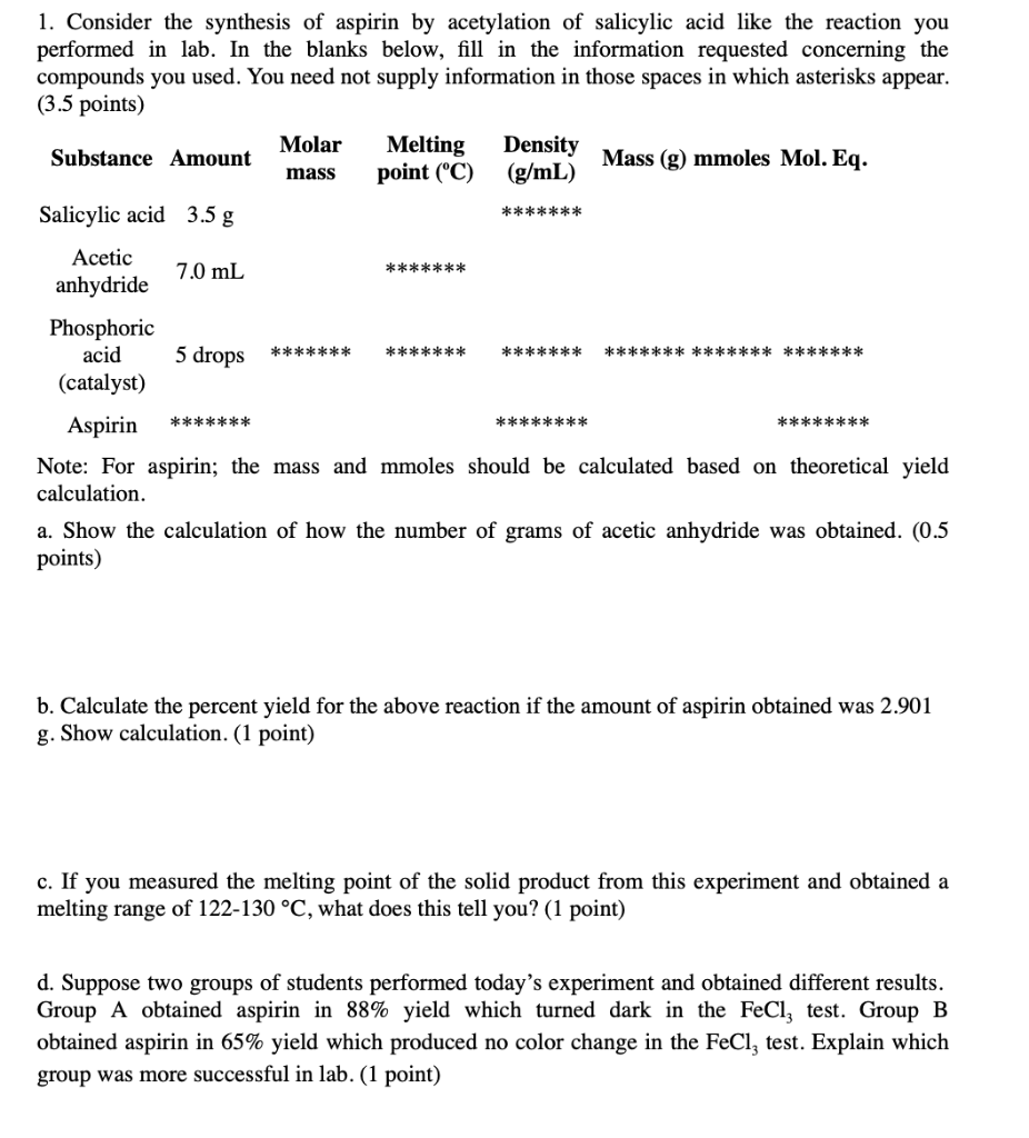 Solved 1. Consider the synthesis of aspirin by acetylation | Chegg.com