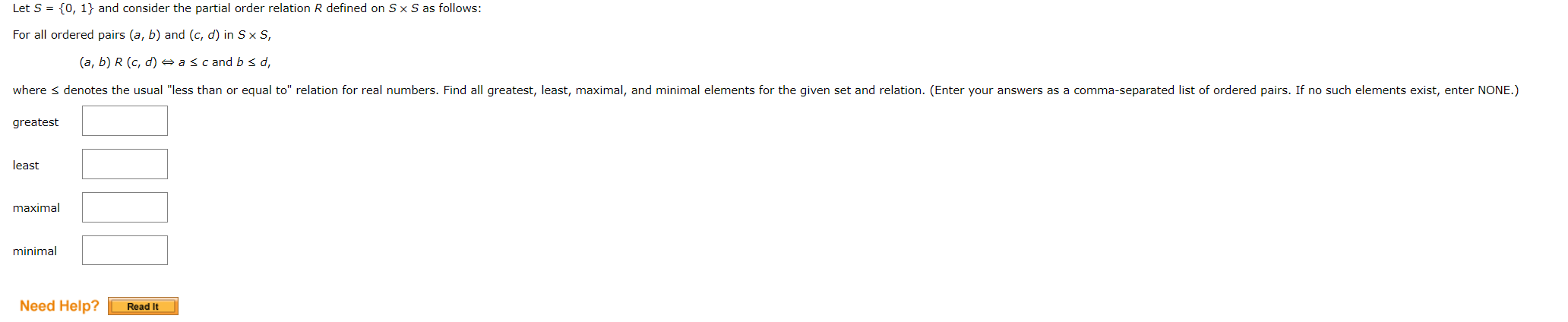 Solved Let S={0,1} and consider the partial order relation R | Chegg.com