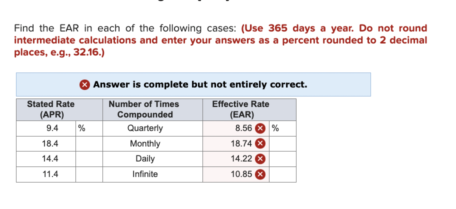 Solved Find the EAR in each of the following cases: (Use 365 | Chegg.com