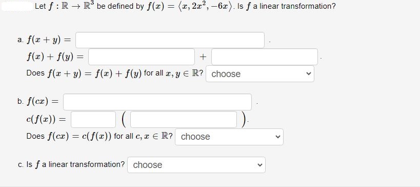 Solved Let f:R→R3 ﻿be defined by f(x)=(:x,2x2,-6x:). ﻿Is f | Chegg.com