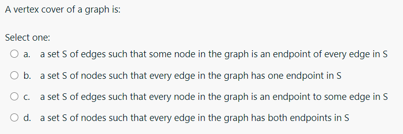 Solved A vertex cover of a graph is: Select one: O a. a set | Chegg.com