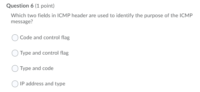 Solved Question 6 (1 point) Which two fields in ICMP header | Chegg.com