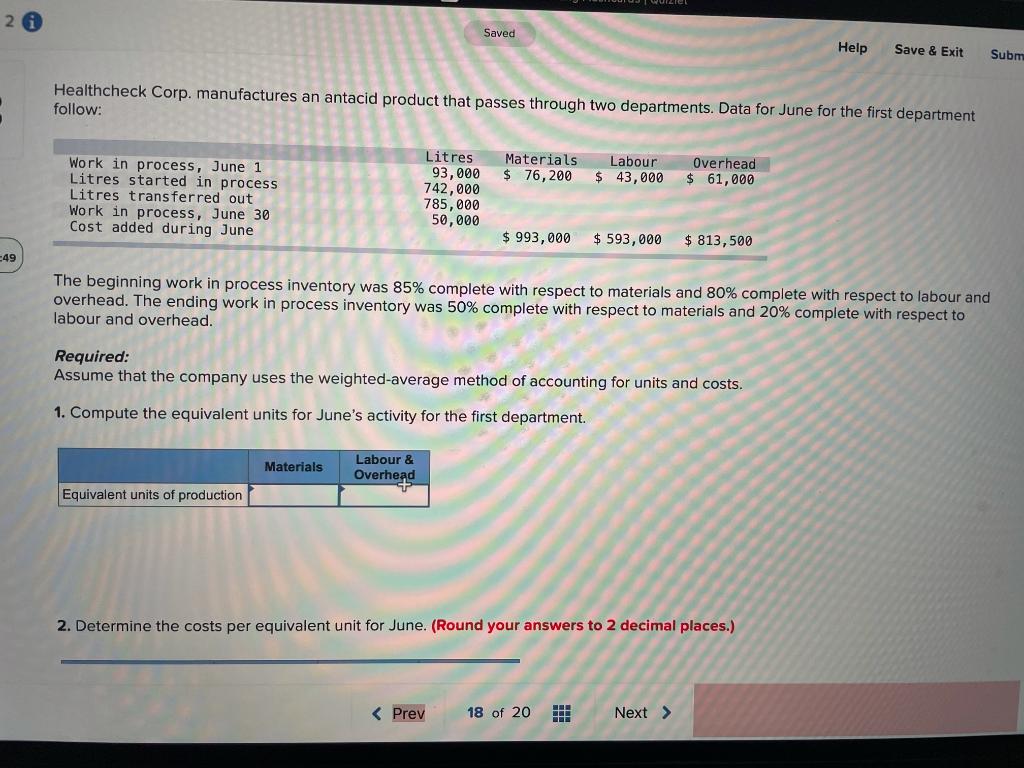 Solved 20 Saved Help Save & Exit Subm Healthcheck Corp. | Chegg.com