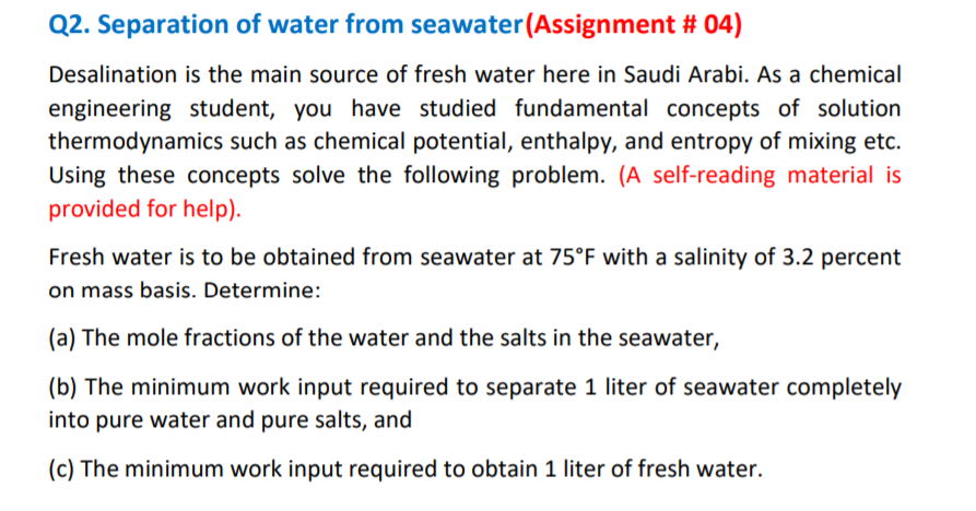 Q2. Separation of water from seawater(Assignment # | Chegg.com