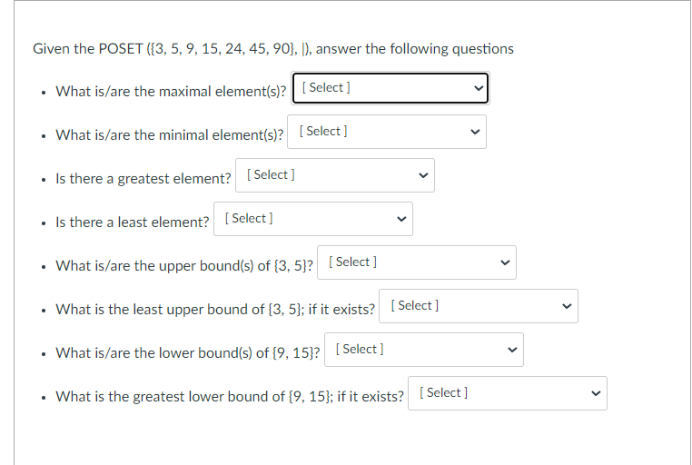Solved Given the POSET ({3,5,9, 15, 24, 45, 90), ), answer | Chegg.com