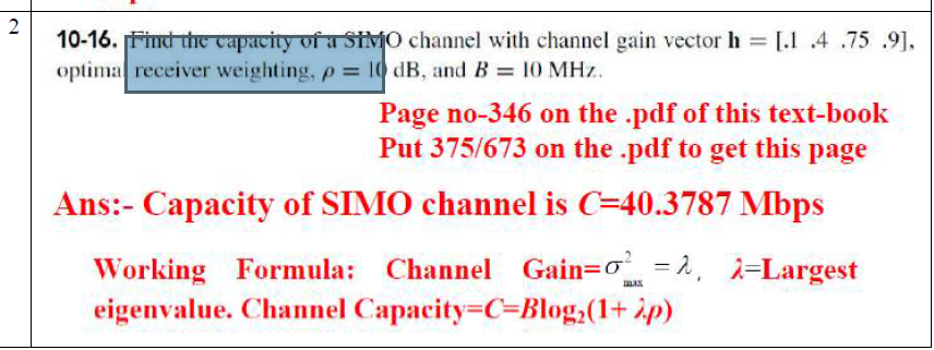 Solved 2. 10-16. Find the capacity of a SIMO channel with | Chegg.com
