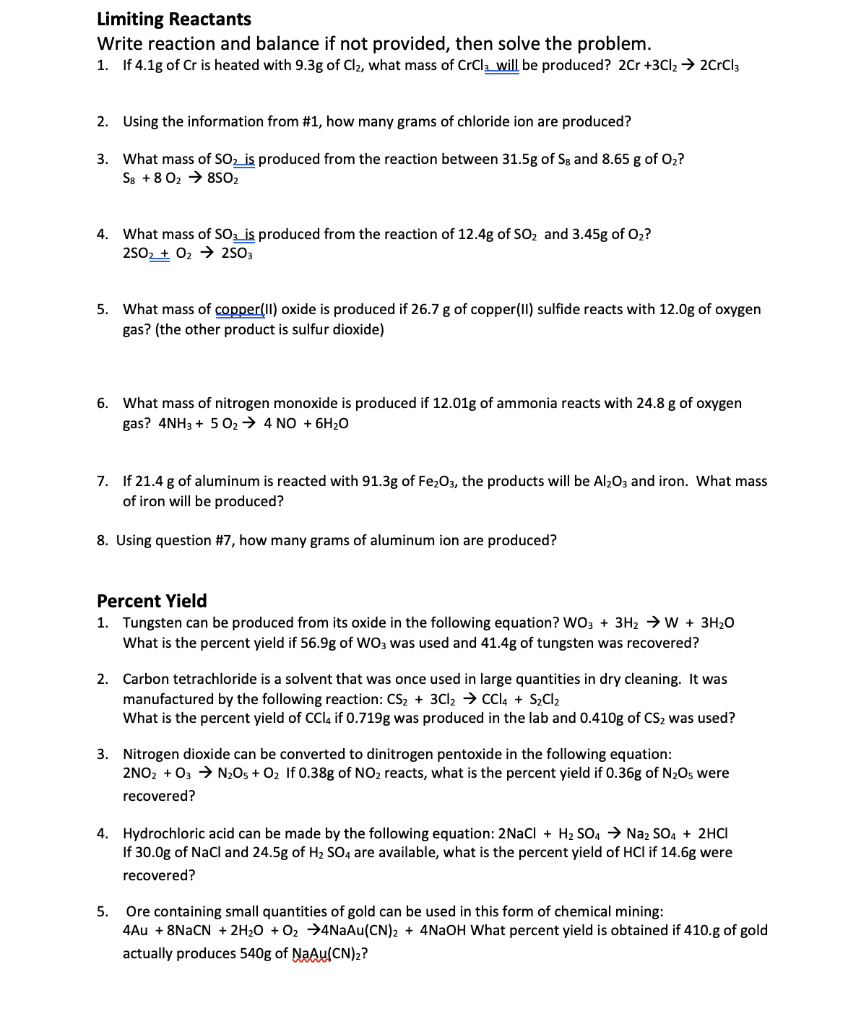 Solved Limiting Reactants Write reaction and balance if not | Chegg.com