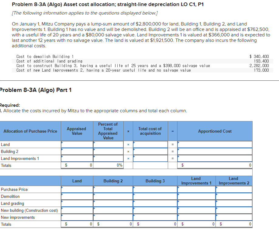 Solved Problem 8-3A (Algo) Asset cost allocation; | Chegg.com