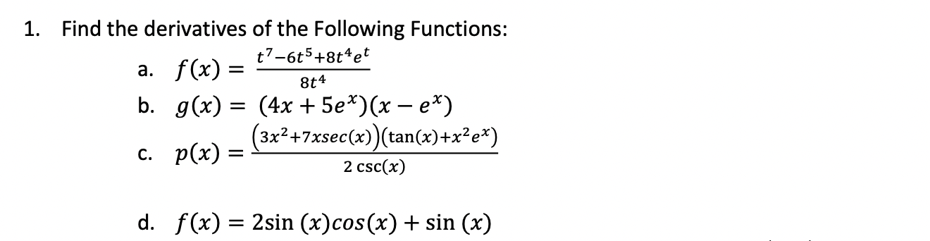 Solved Find the derivatives of the Following Functions: a. | Chegg.com