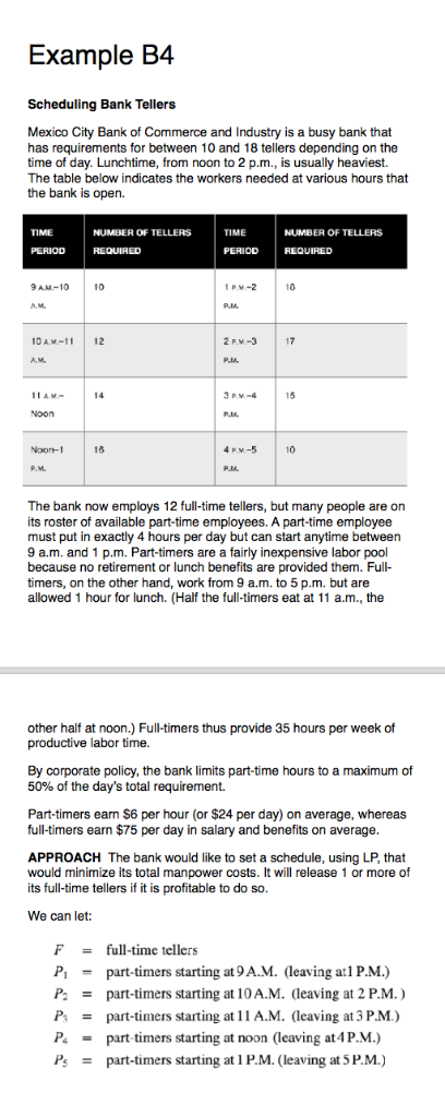 Solved Example B4 Scheduling Bank Tellers Mexico City Bank | Chegg.com