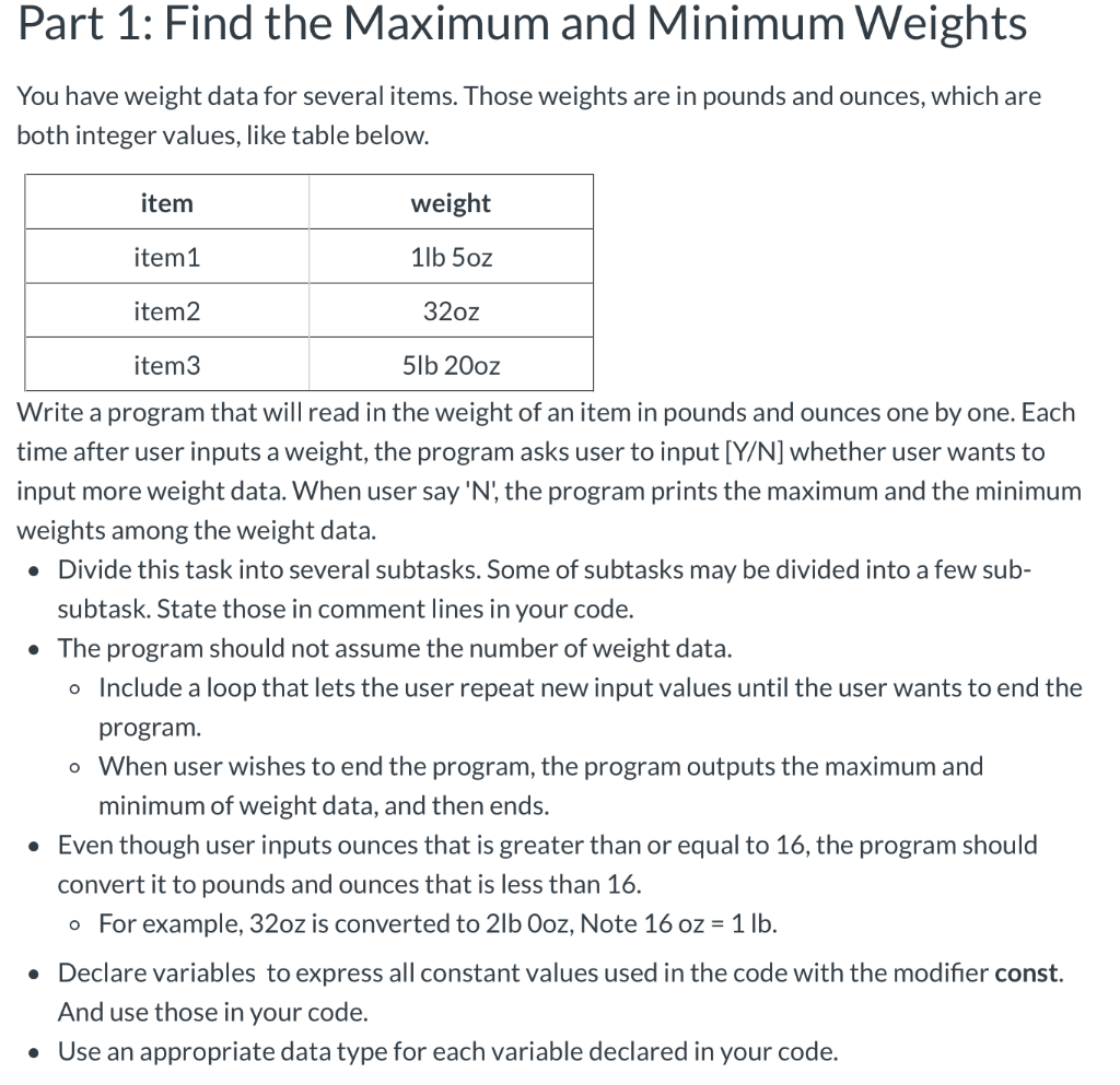 Solved Part 1: Find the Maximum and Minimum Weights You have | Chegg.com