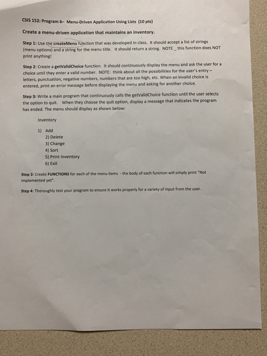 Solved CSIS 152: Program 6- Menu-Driven Application Using | Chegg.com