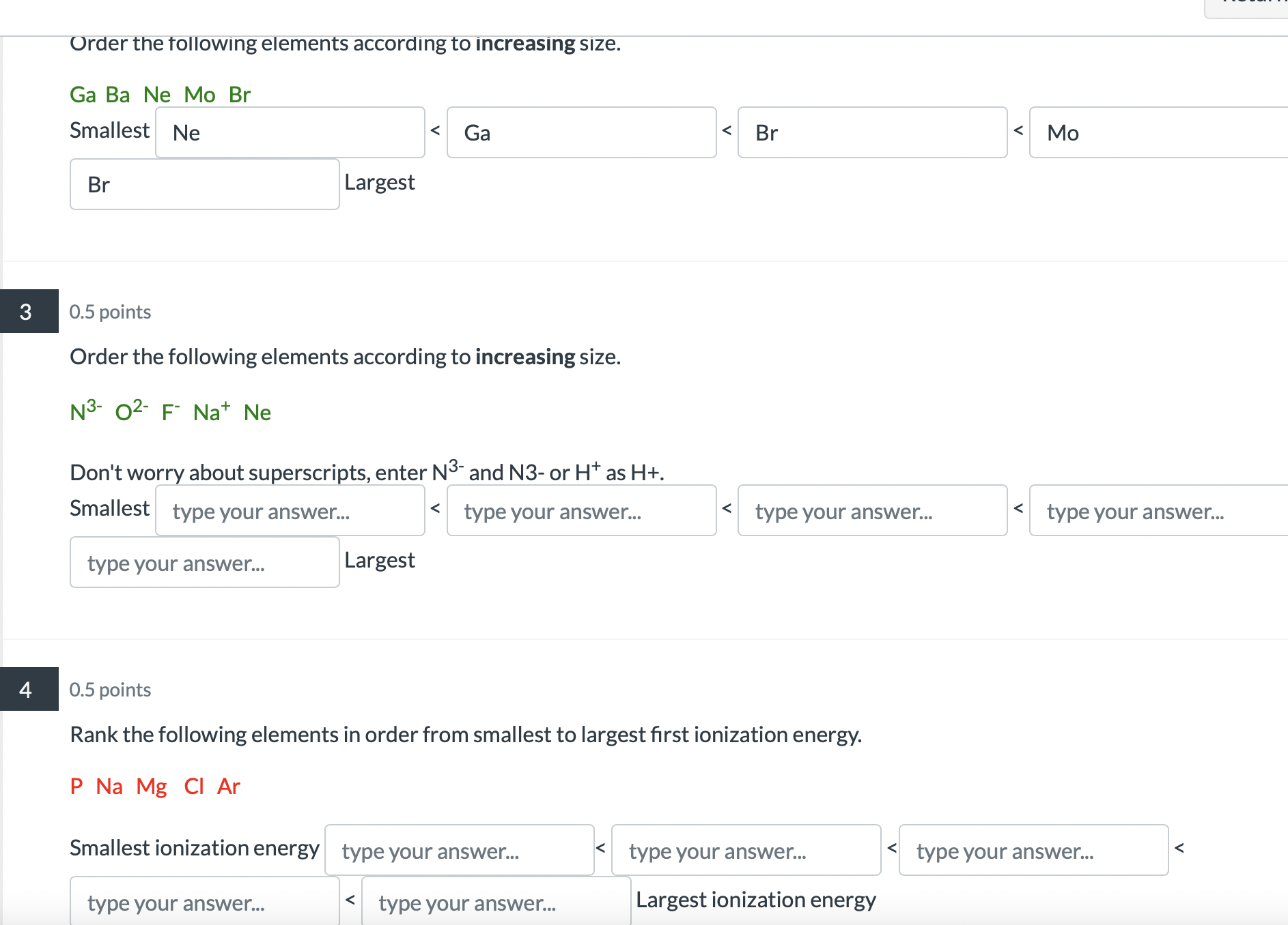 Solved Order the tollowing elements according to increasing | Chegg.com