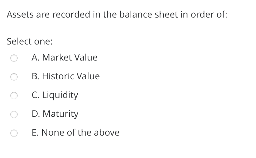 Solved Assets are recorded in the balance sheet in order of: | Chegg.com