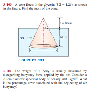 Solved 3-103 A cone floats in the glycerin (SG = 1.26), as | Chegg.com