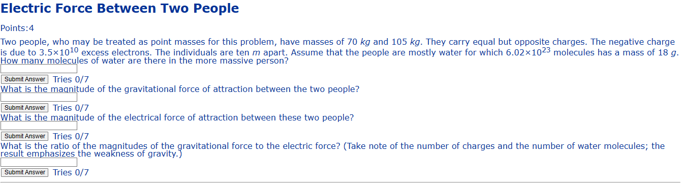 Solved Electric Force Between Two PeoplePoints:4Two people, | Chegg.com