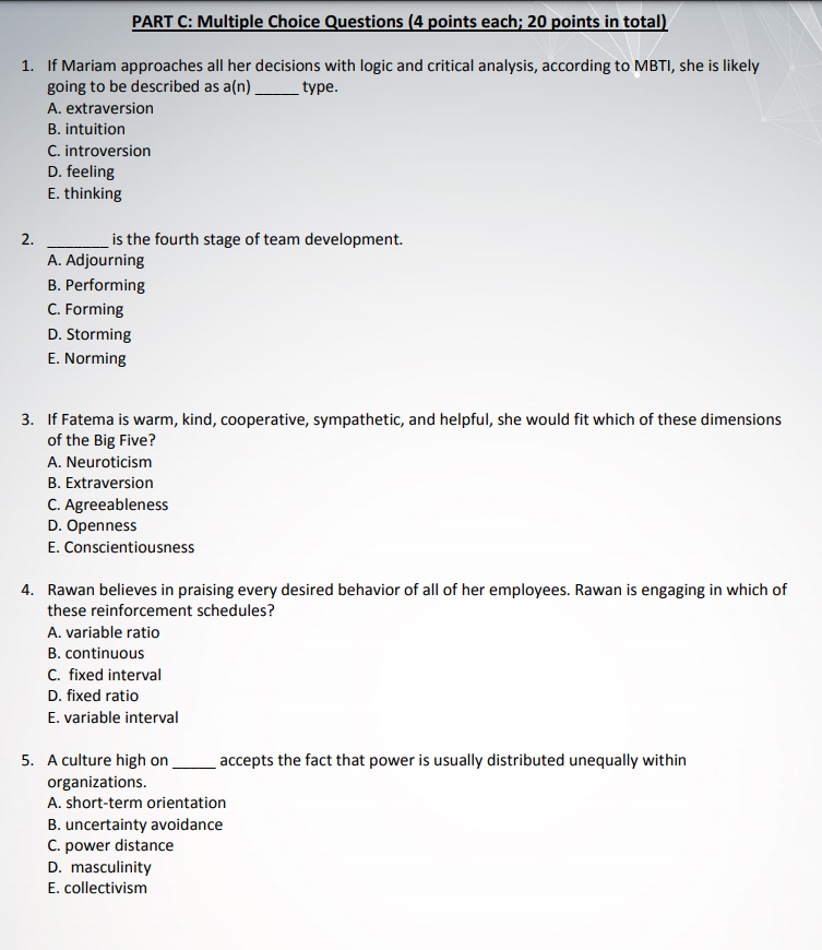 Solved PART C: Multiple Choice Questions (4 points each; 20 | Chegg.com
