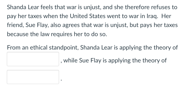 Solved Shanda Lear feels that war is unjust, and she | Chegg.com
