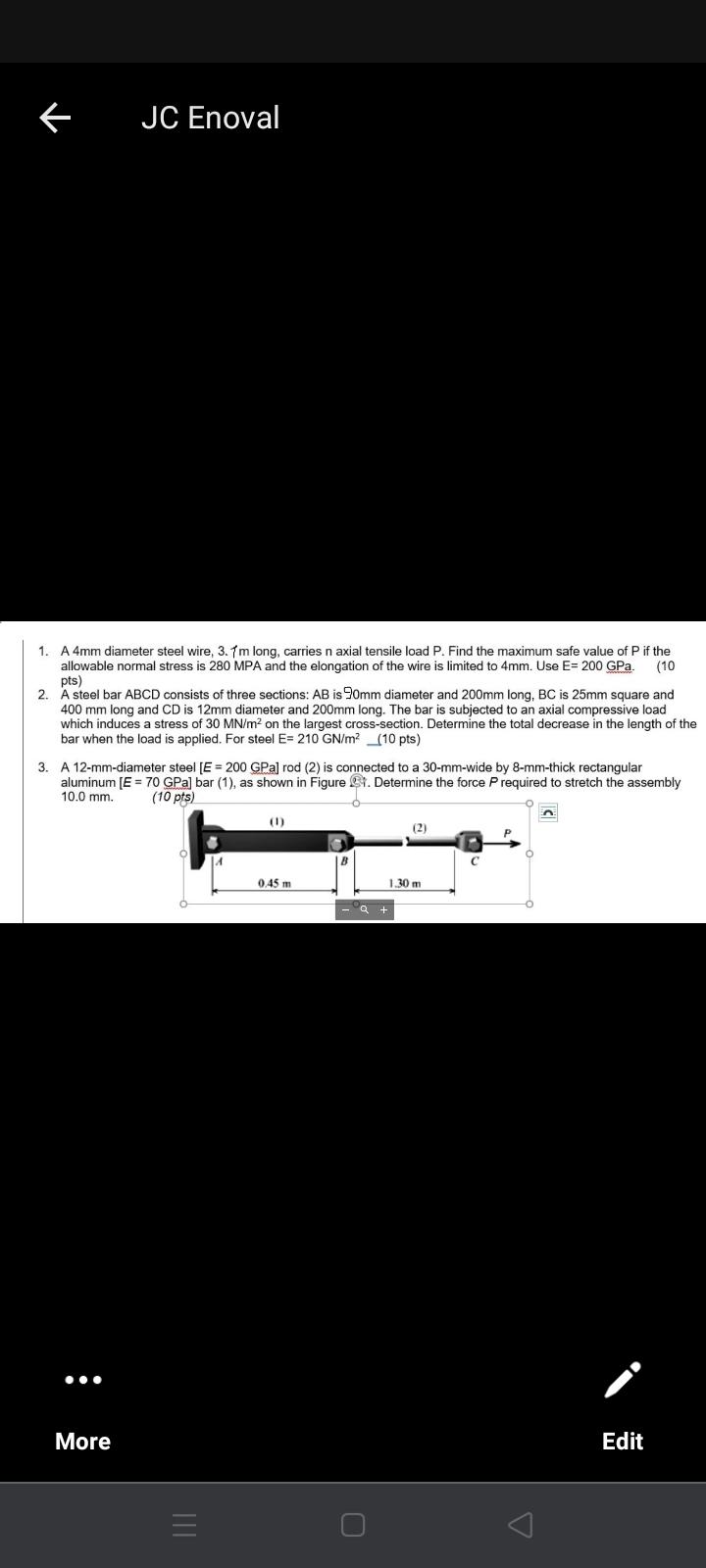 Solved JC Enoval 1. A 4mm diameter steel wire, 3.7 m long, | Chegg.com