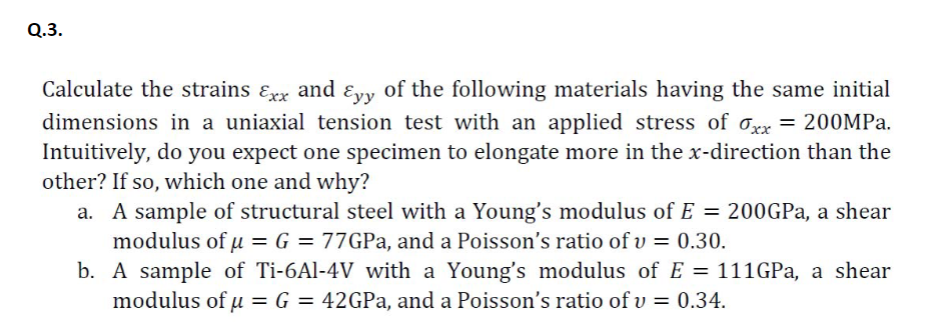 Solved Q.3.Calculate the strains ε× ﻿and εyy ﻿of the | Chegg.com