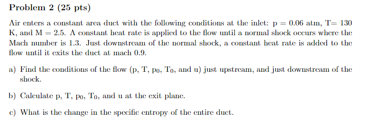 Solved Problem 2 (25 pts) Air enters a constant area duct | Chegg.com