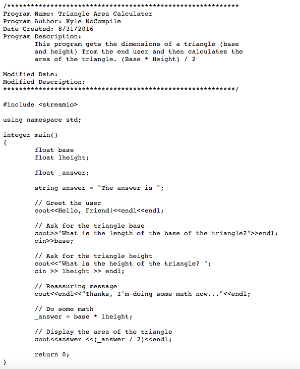 Solved The program should take the base and height | Chegg.com
