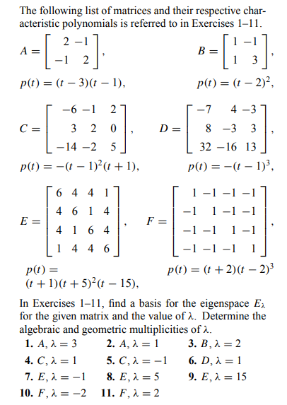 Solved The following list of matrices and their respective | Chegg.com