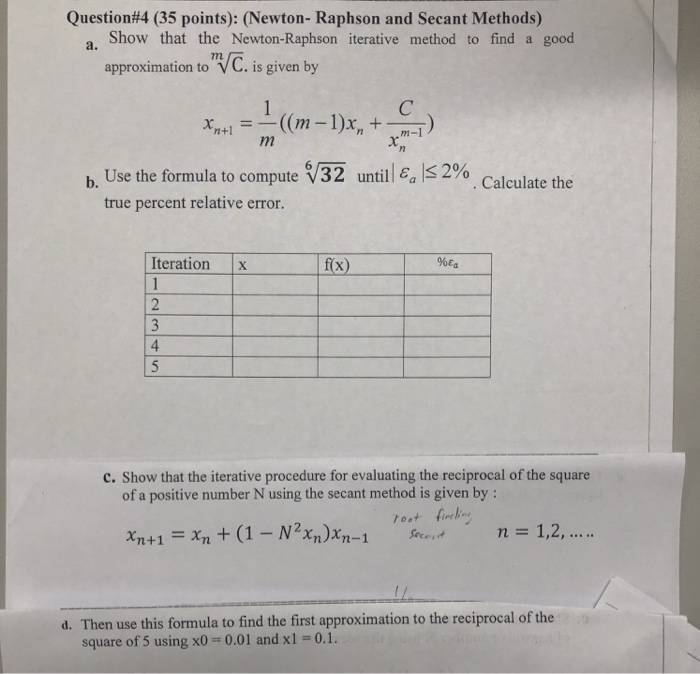 Solved Question#4 (35 points): (Newton-Raphson and Secant | Chegg.com