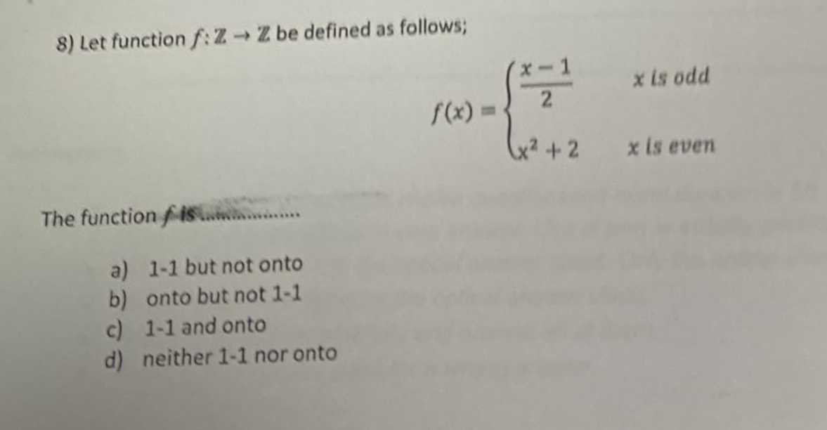 Solved 8) Let function f:Z→Z be defined as follows; | Chegg.com