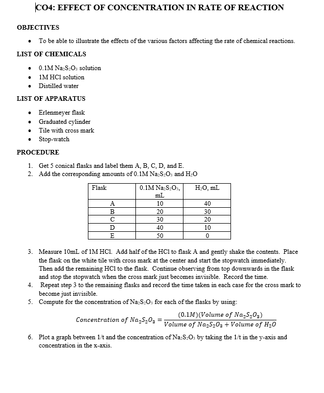 Solved C04: EFFECT OF CONCENTRATION IN RATE OF REACTION | Chegg.com