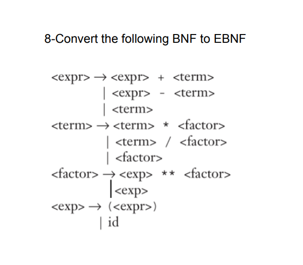 Solved 8-Convert the following BNF to EBNF → + | | → | Chegg.com