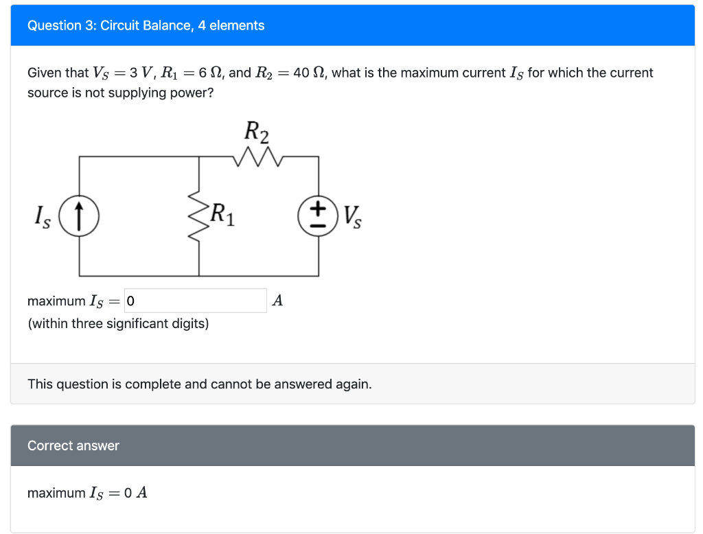Solved Question 3: Circuit Balance, 4 elements Given that Vs | Chegg.com