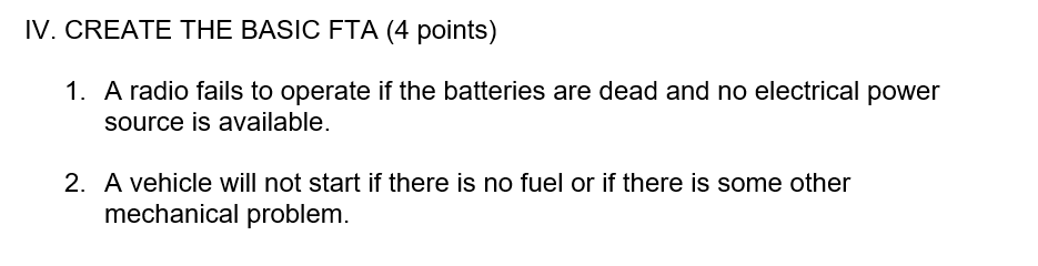 IV. CREATE THE BASIC FTA (4 points) 1. A radio fails | Chegg.com