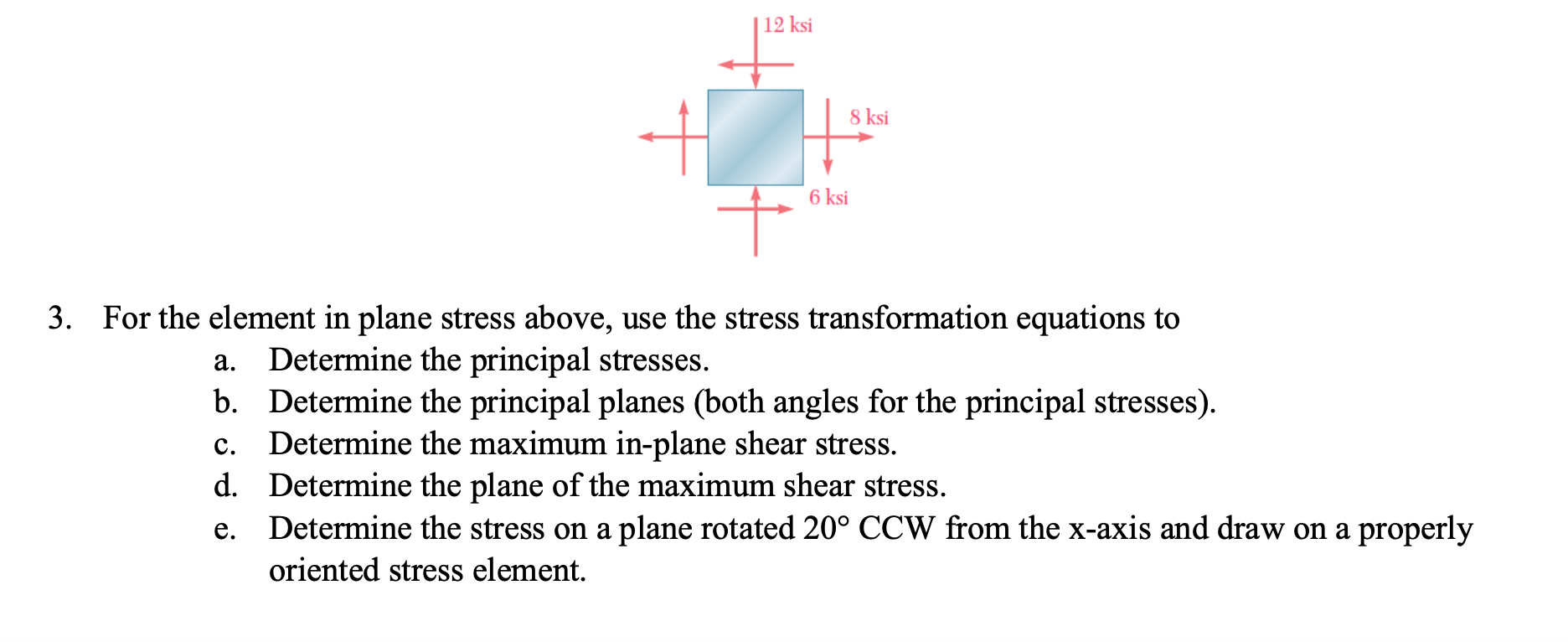 Solved 12 ksi 8 ksi 6 ksi + a. 3. For the element in plane | Chegg.com
