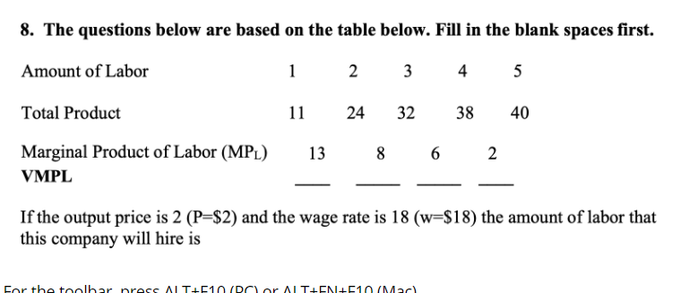 Solved 8. The questions below are based on the table below. | Chegg.com