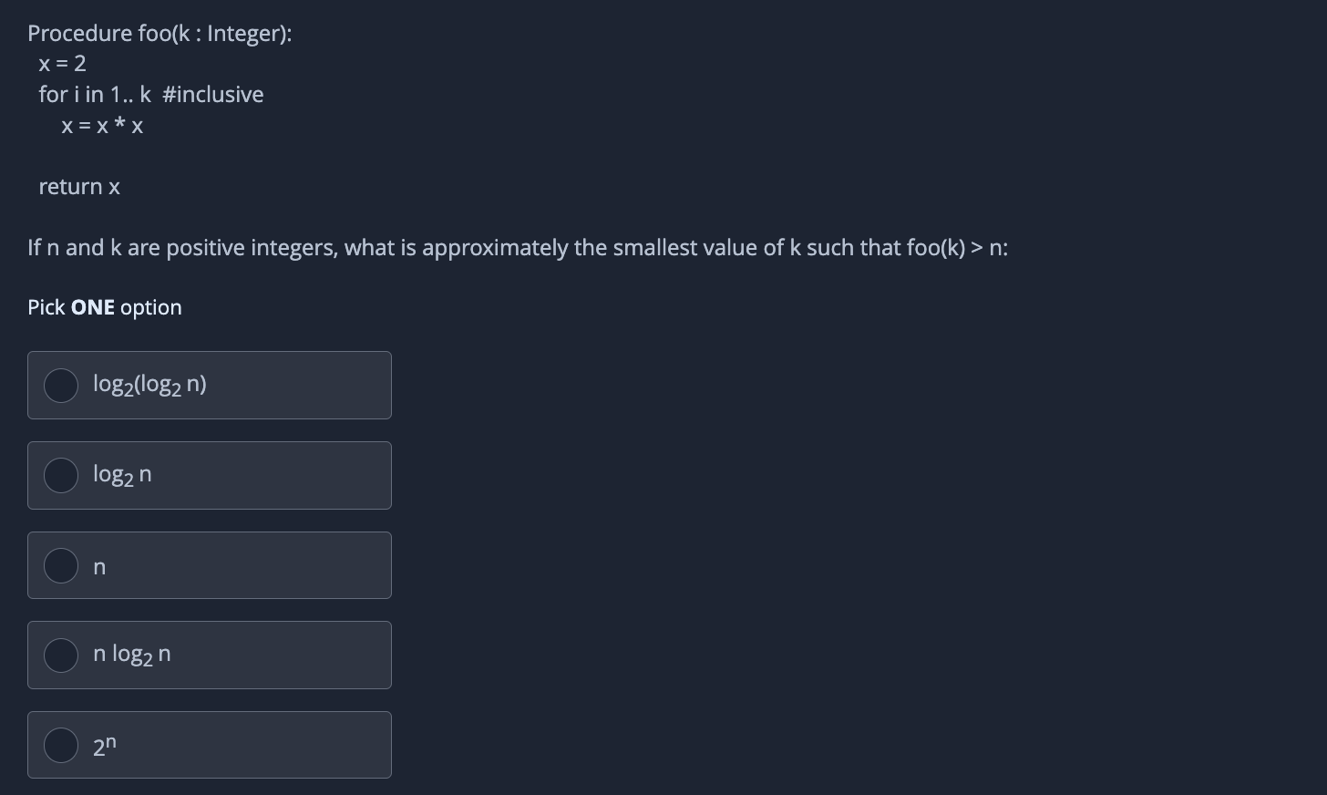 Solved Procedure foo(k: Integer): x=2 for i in 1..k | Chegg.com