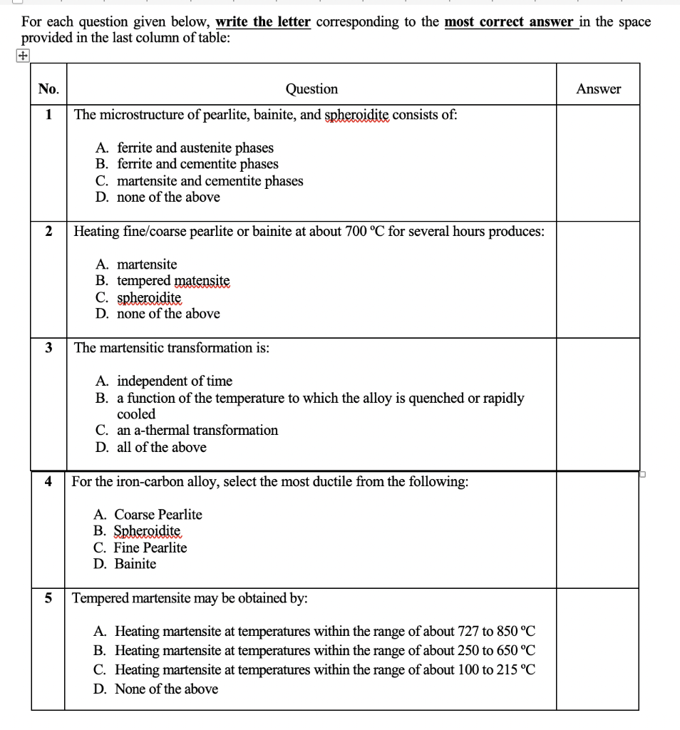 Solved For each question given below, write the letter | Chegg.com