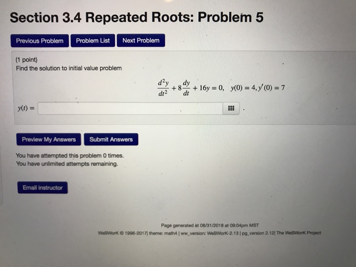 Solved Section 3.4 Repeated Roots: Problem 5 Previous | Chegg.com