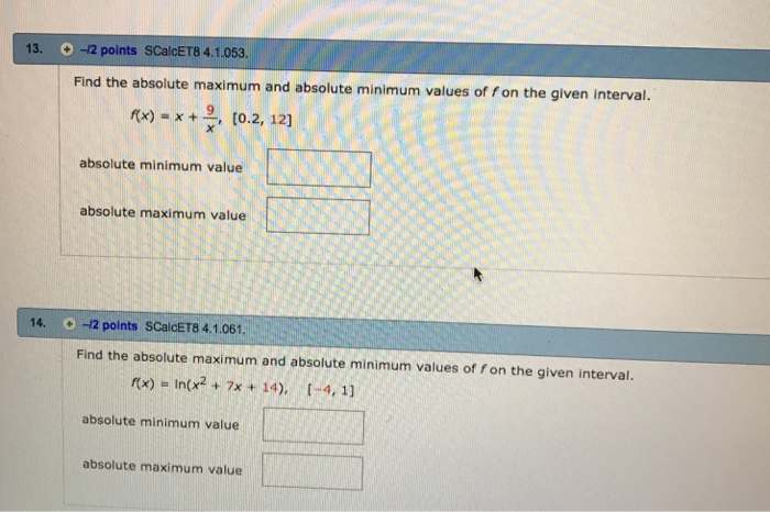 Solved 13. 0-2 points scalcET8 4.1.053 Find the absolute | Chegg.com