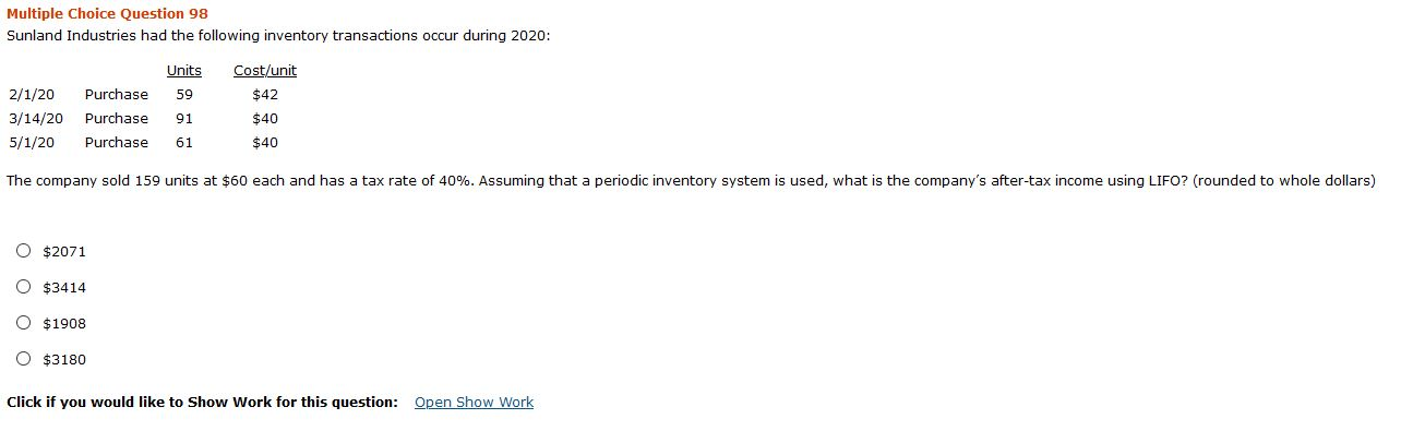 Solved Multiple Choice Question 98 Sunland Industries had | Chegg.com