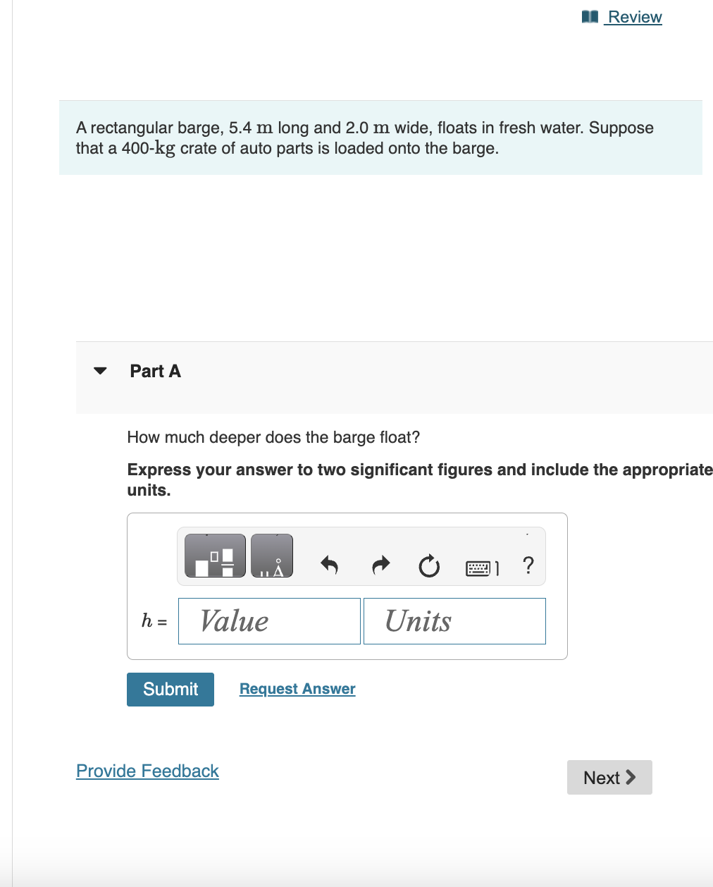 A rectangular barge, 5.4 m long and 2.0 m wide, | Chegg.com