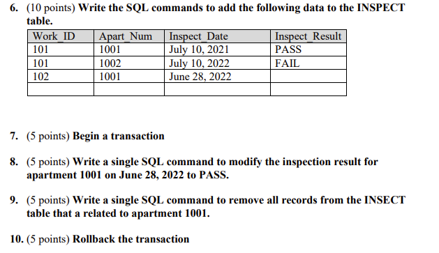 6. (10 points) Write the SQL commands to add the | Chegg.com