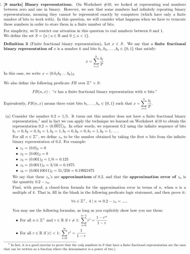 Solved . 9 marks) Binary representations. On Worksheet #10, | Chegg.com