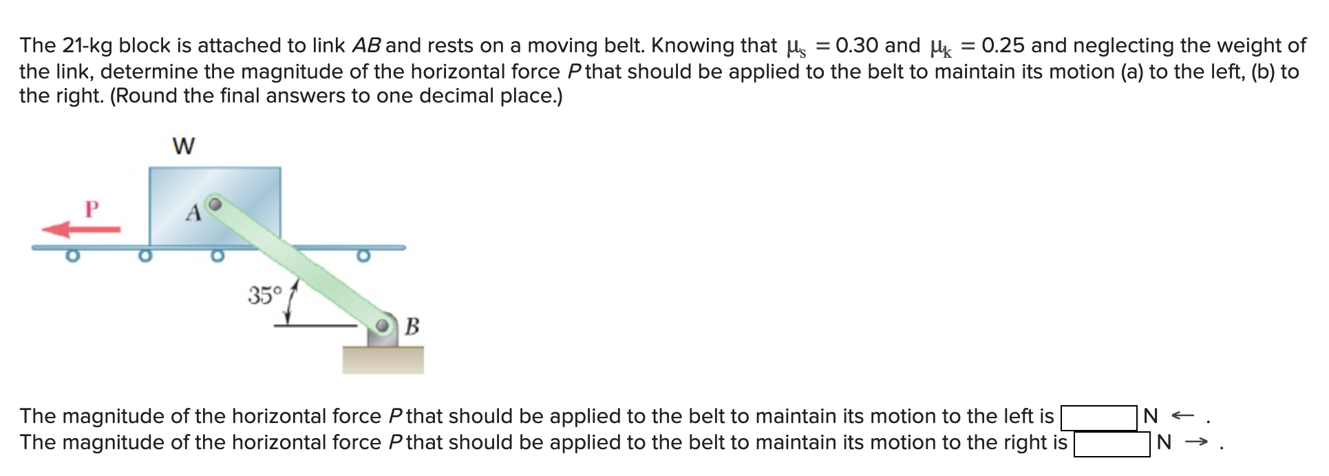Solved The 21-kg block is attached to link AB and rests on a | Chegg.com
